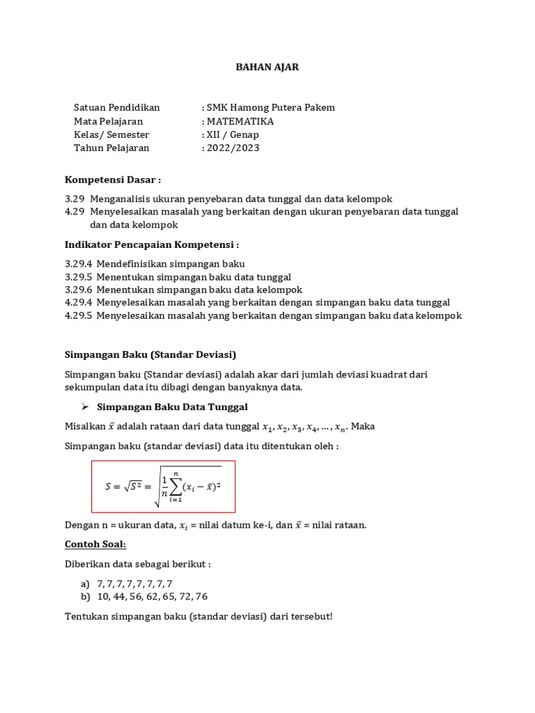 BAHAN AJAR Simpangan Baku | PDF | Metode & Bahan Ajar | Komputer