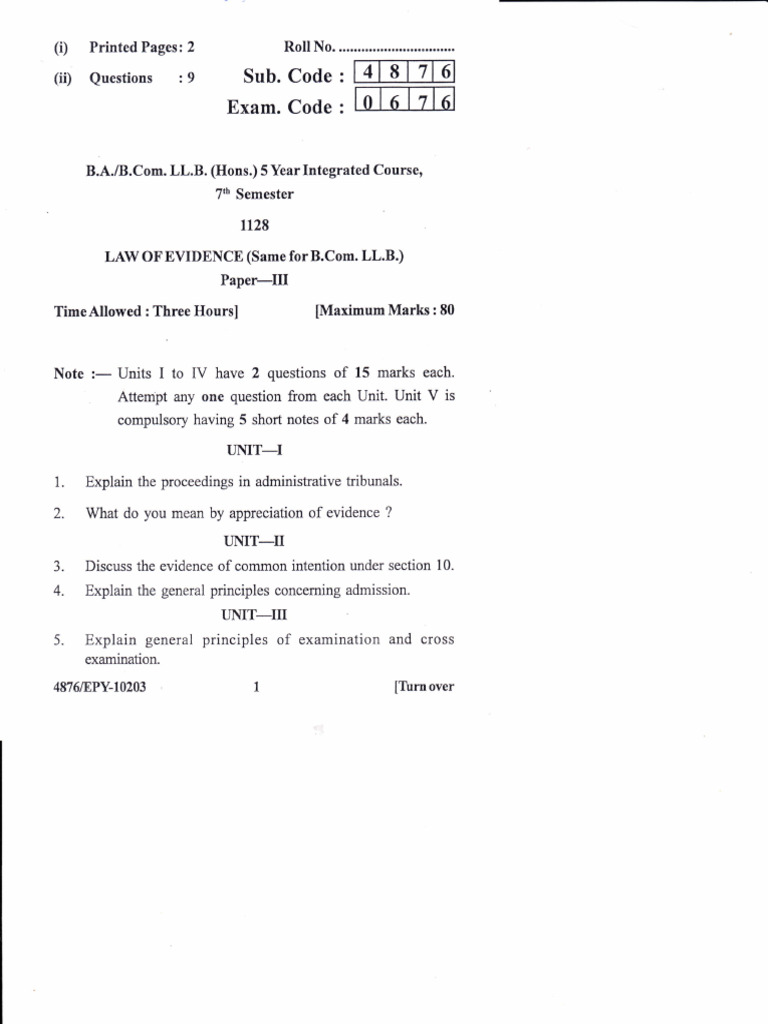 Law of Evidence Exam Questions Guide | PDF