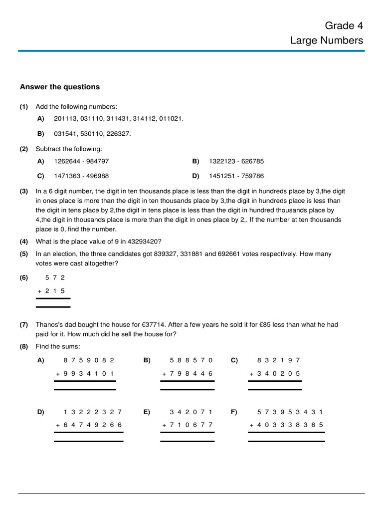 Grade 4 Large Numbers | PDF | Arithmetic | Mathematics