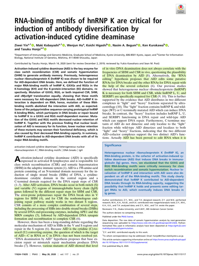 RNA-binding Motifs of HNRNP K Are Critical For Induction of Antibody Diversification by ...