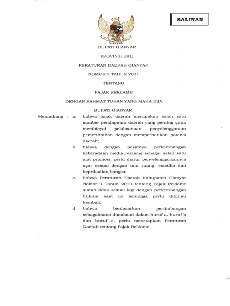 Perda Gianyar 3 Tahun 2021 | PDF
