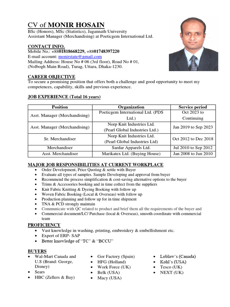 CV - Monir Hosain. | PDF | Clothing