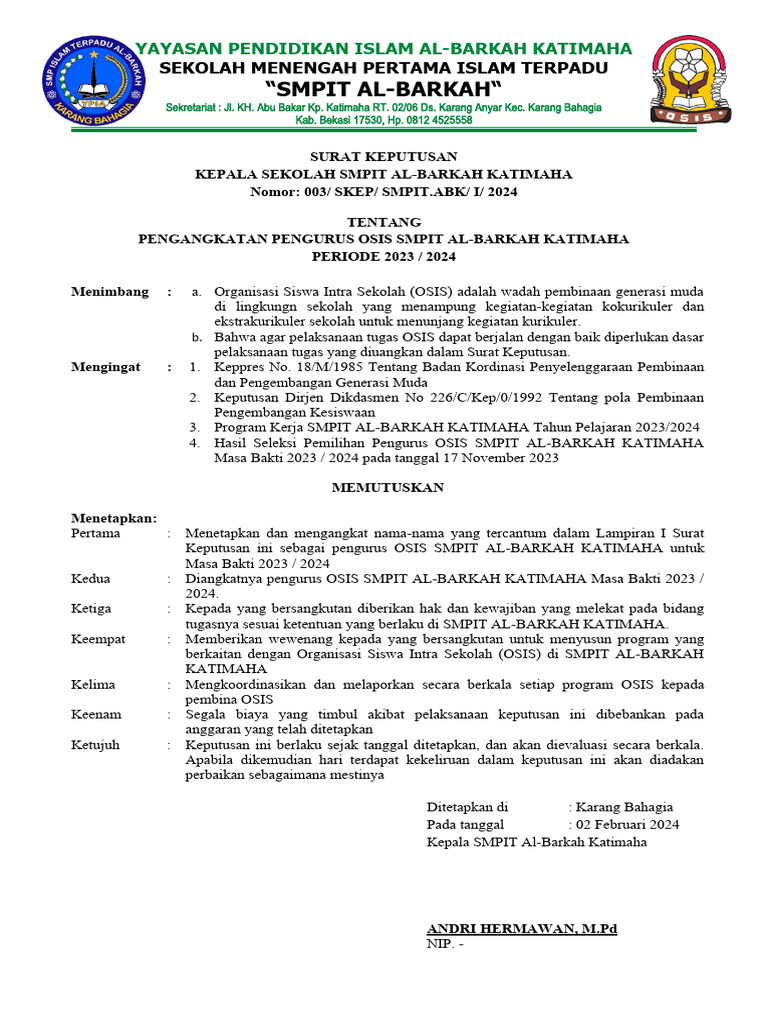 SK Pengangkatan Osis 2021 2022 | PDF