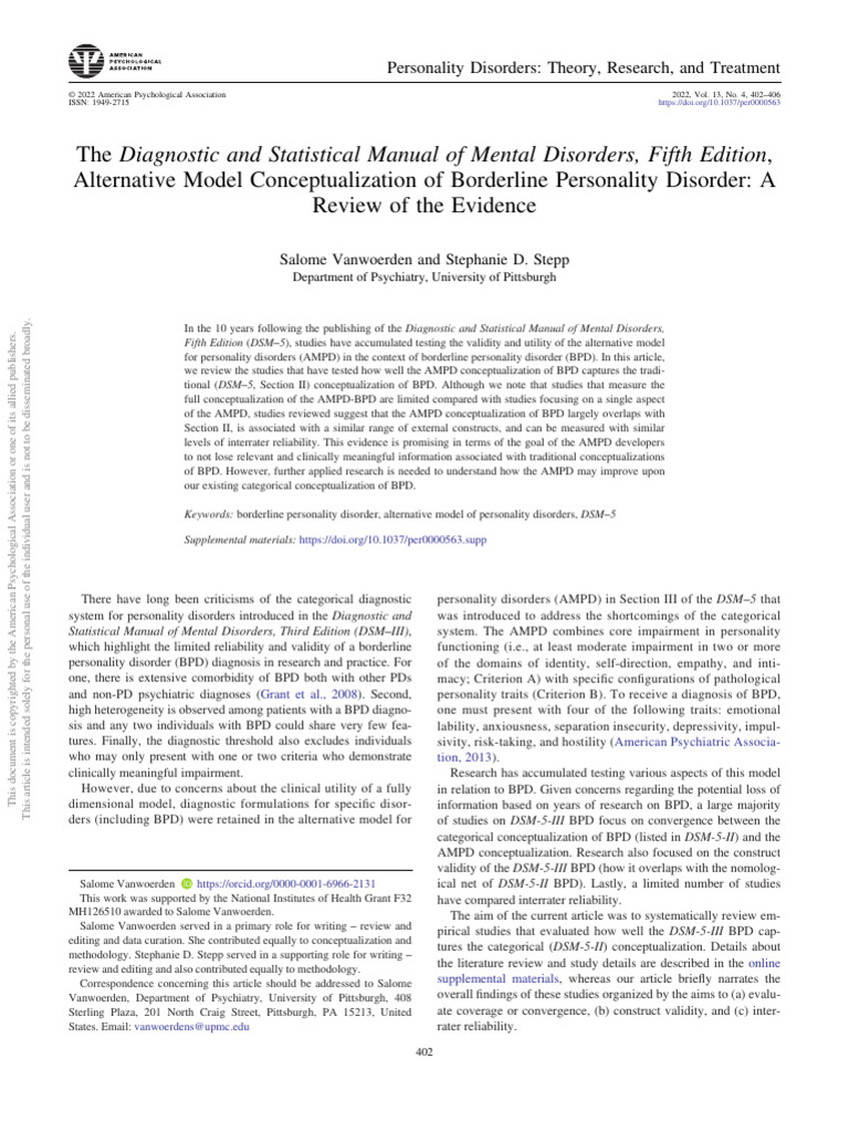 Vanwoerden And Stepp 2022 Dsm 5th Ed Alt Model Conceptualisation Of Bpd