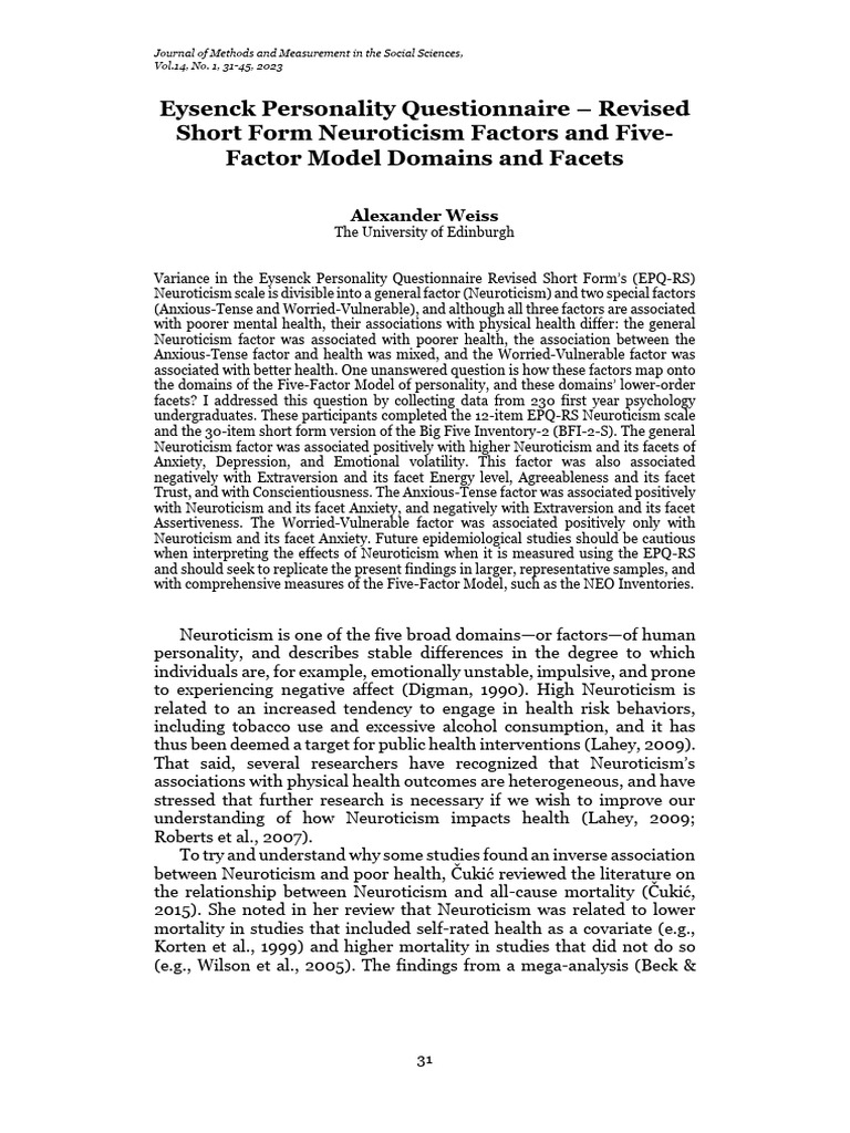 Eysenck Personality Questionnaire - Revised Short | PDF | Behavioural ...