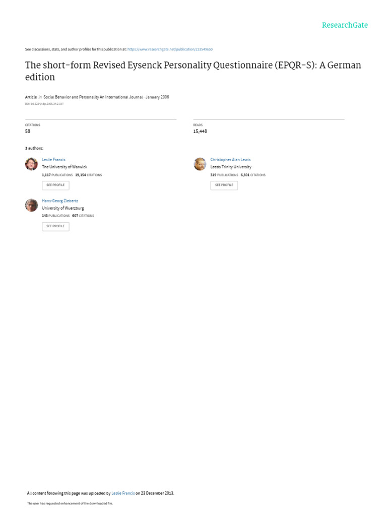 German Short-Form Eysenck Personality Questionnaire | PDF ...