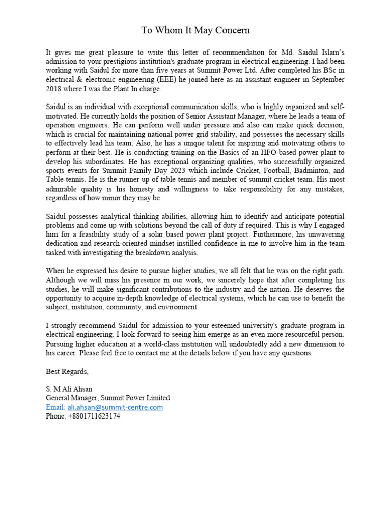 LOR - Md. Saidul Islam | PDF | Electrical Engineering | Engineering