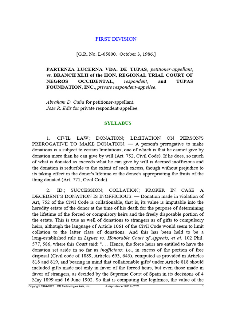 Vda. de Tupas vs. RTC G.R. L-65800 On Collation | Download Free PDF | Inheritance | Lawsuit