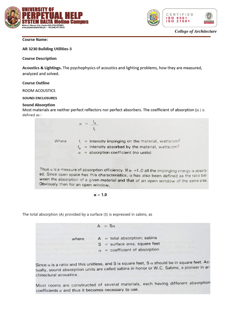Lecture 005 Bu 3 Acoustics Lightings 12apr24 | PDF | Sound | Reflection ...
