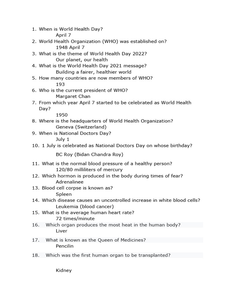 World Health Day Quiz | PDF | Hiv/Aids | Human Body