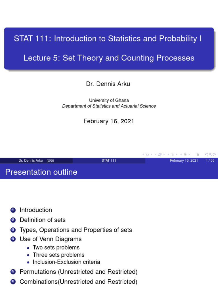 STAT 111 - 5 - Set Theory and Counting Processes | PDF | Probability ...
