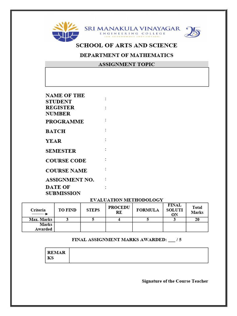 Mathematics Assignment Evaluation Form | PDF