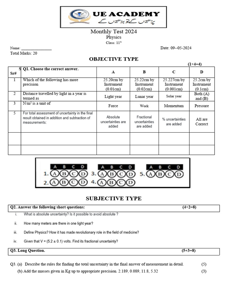 Physics Part 1 Monthly (B) | PDF | Uncertainty | Measurement