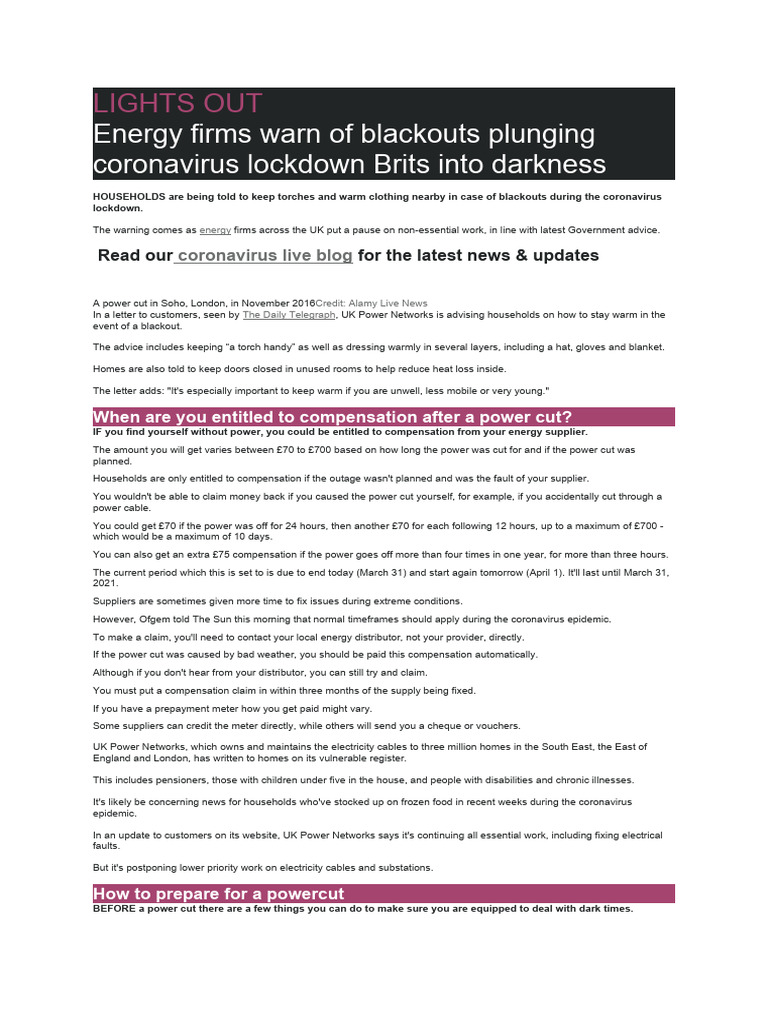 UK Blackout Warning Amid Lockdown | PDF | Power (Physics) | Electrical Engineering