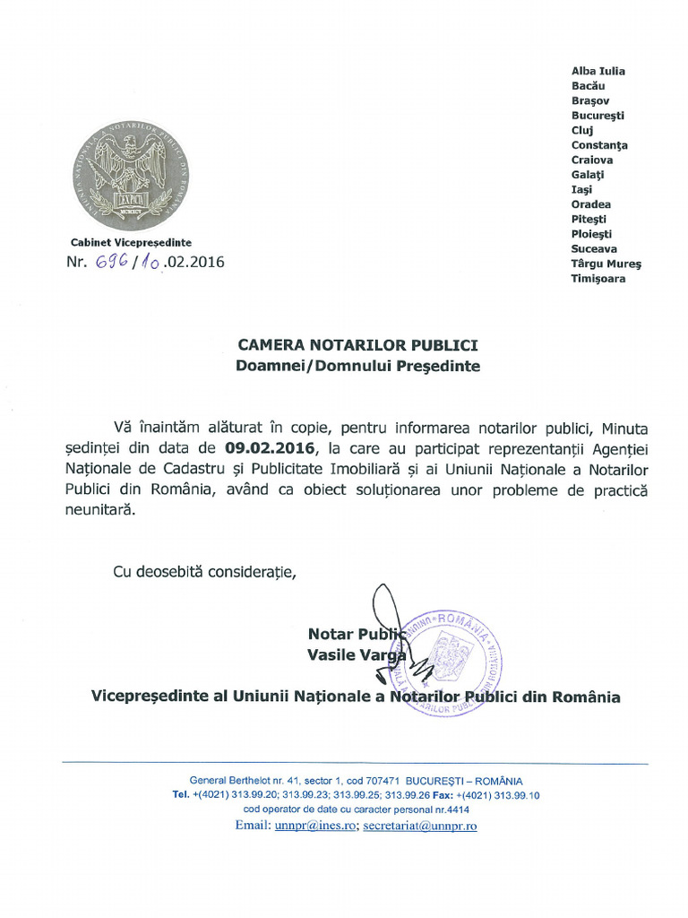 Minuta Sedintei UNNPR - ANCPI Din Data de 09.02.2016 | PDF