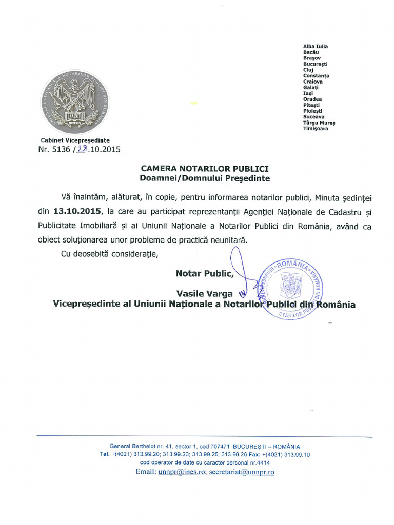 Minuta Sedintei UNNPR - ANCPI Din Data de 13.10.2015 | PDF