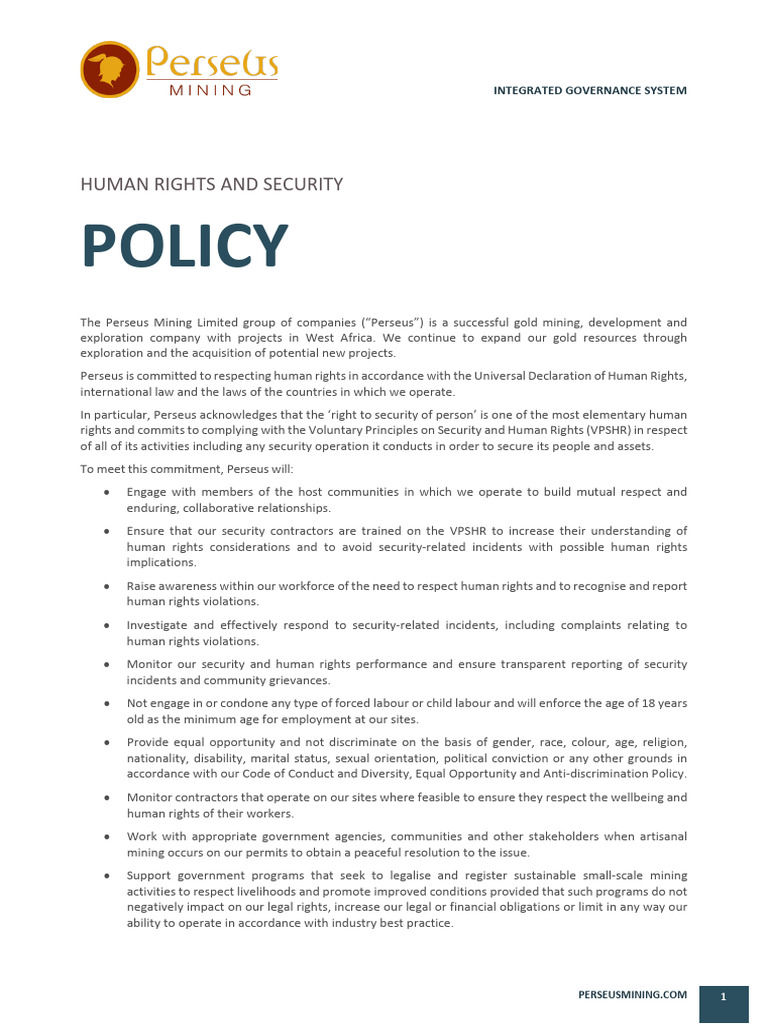 Perseus Mining Human Rights Policy | PDF | Human Rights | Employment