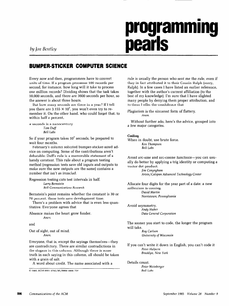 Programming Pearls: Bumper-Sticker Computer Science | PDF | Subroutine ...