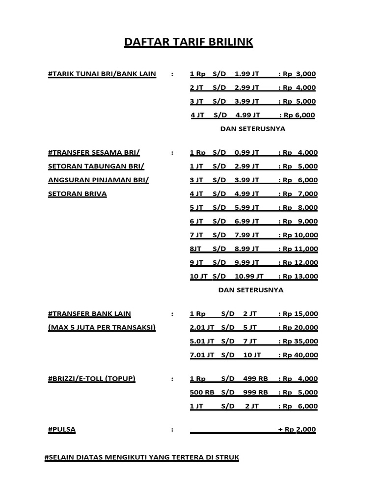 Daftar Tarif Brilink | PDF