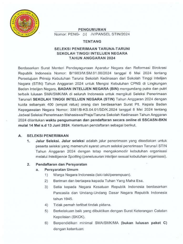 Pengumuman 001 Seleksi Penerimaan STIN TA. 2024 | PDF
