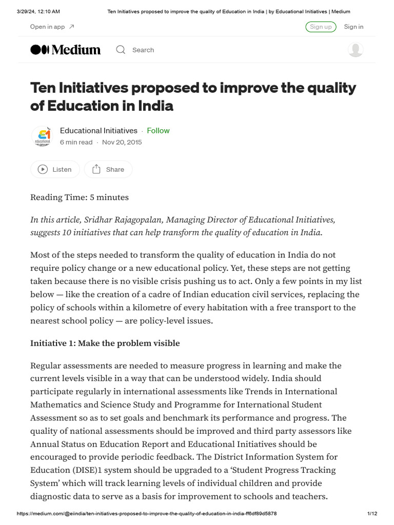 Ten Initiatives Proposed To Improve The Quality of Education in India ...