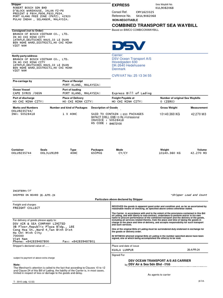 DSV Combined Transport Sea Waybill | PDF | Cargo | Bill Of Lading