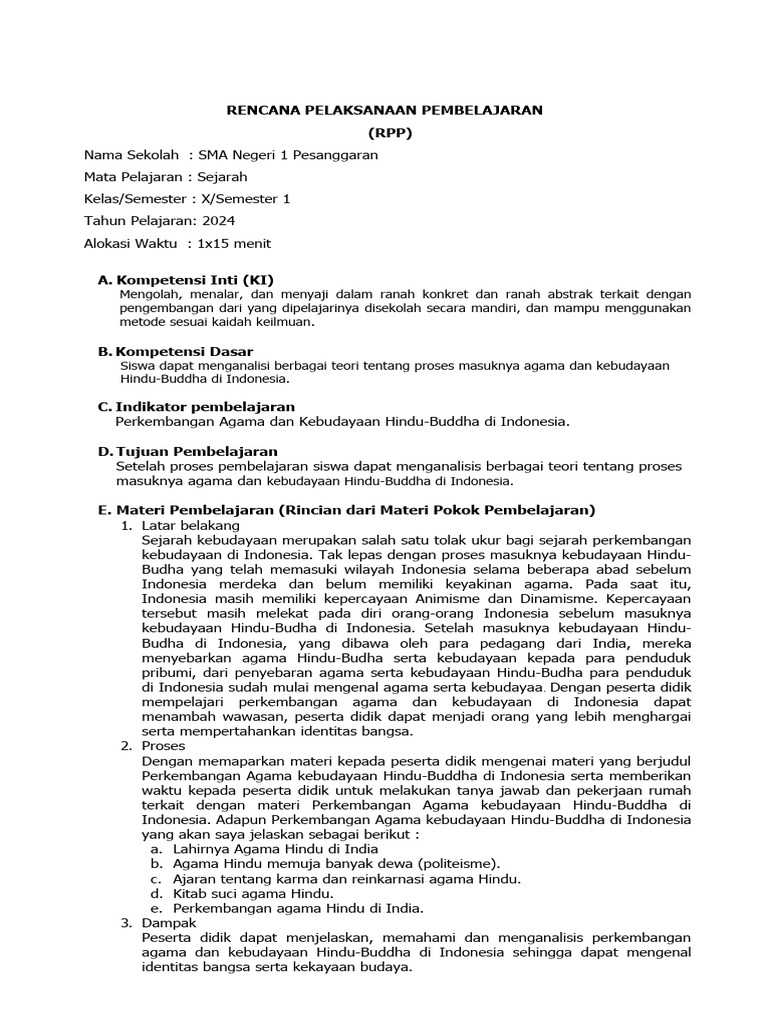 RPP Anisa, Perkembangan Agama Dan Kebudayaan Hindu-Buddha Di Indonesia | PDF | Karier & Perkembangan