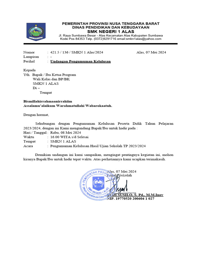 Undangan Pengumuman Kelulusan SMK 2024 | PDF