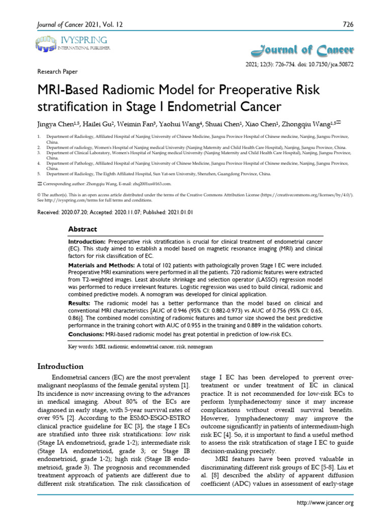 MRI-Based Radiomic Model For Preoperative Risk Stratification in Stage ... MRI-Based Radiomic Model For Preoperative Risk Stratification in Stage ...