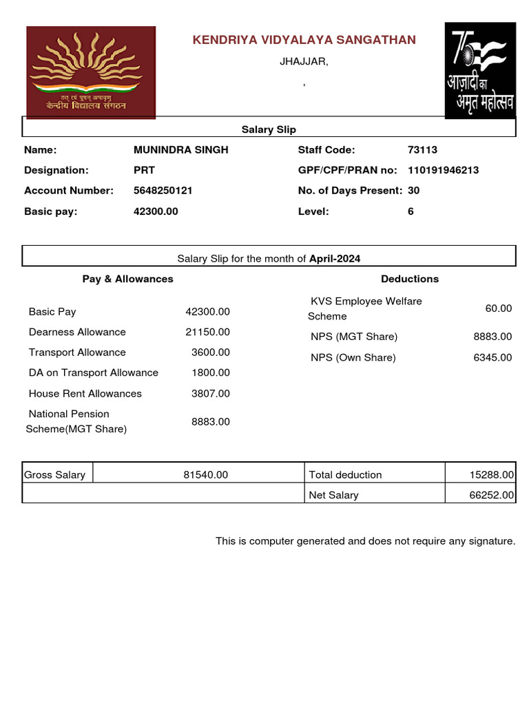 April 2024 Salary Slip for PRT | PDF