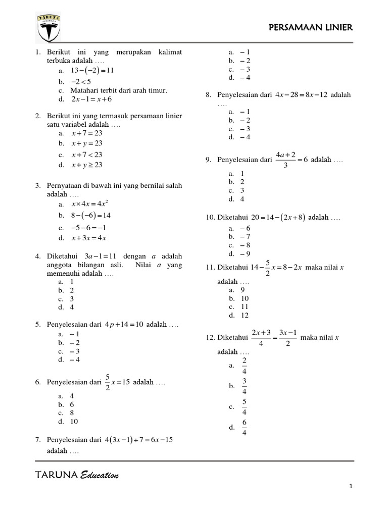 Soal Latihan Tambahan Persamaan Linier 1 Variabel | PDF
