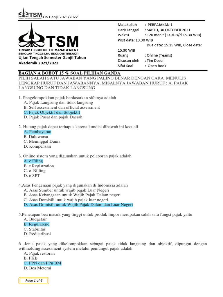SOAL UTS PJK 1 TSM SMT Ganjil 21 - 22 1 | PDF