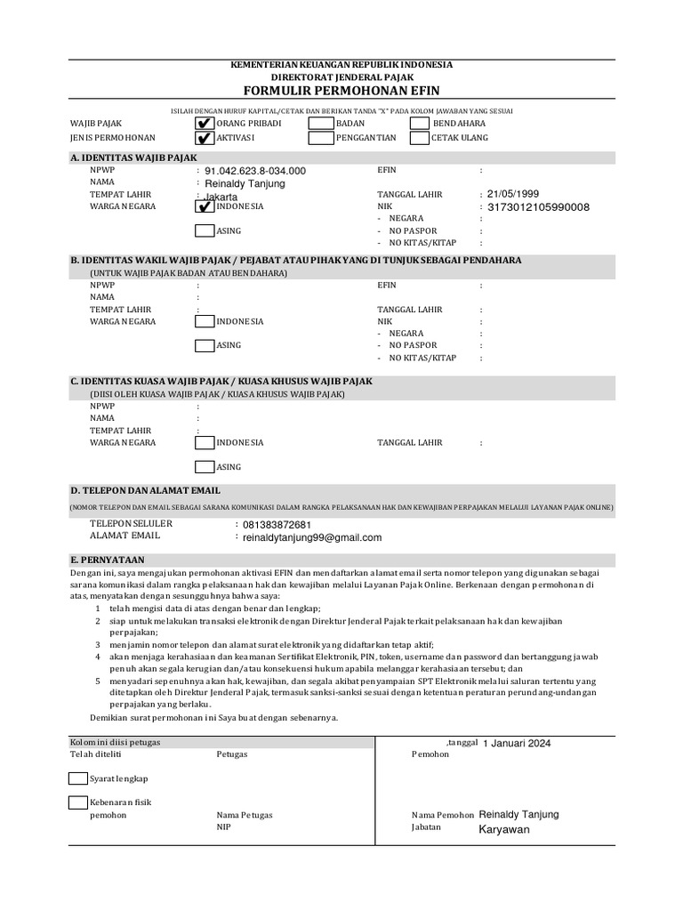 Formulir Permohonan Aktivasi EFIN | PDF | Hukum