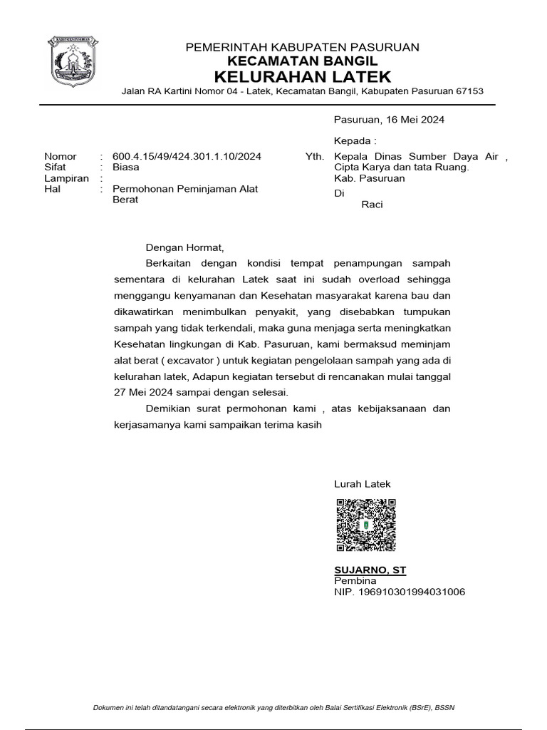 Surat Pinjam Alat Berat | PDF