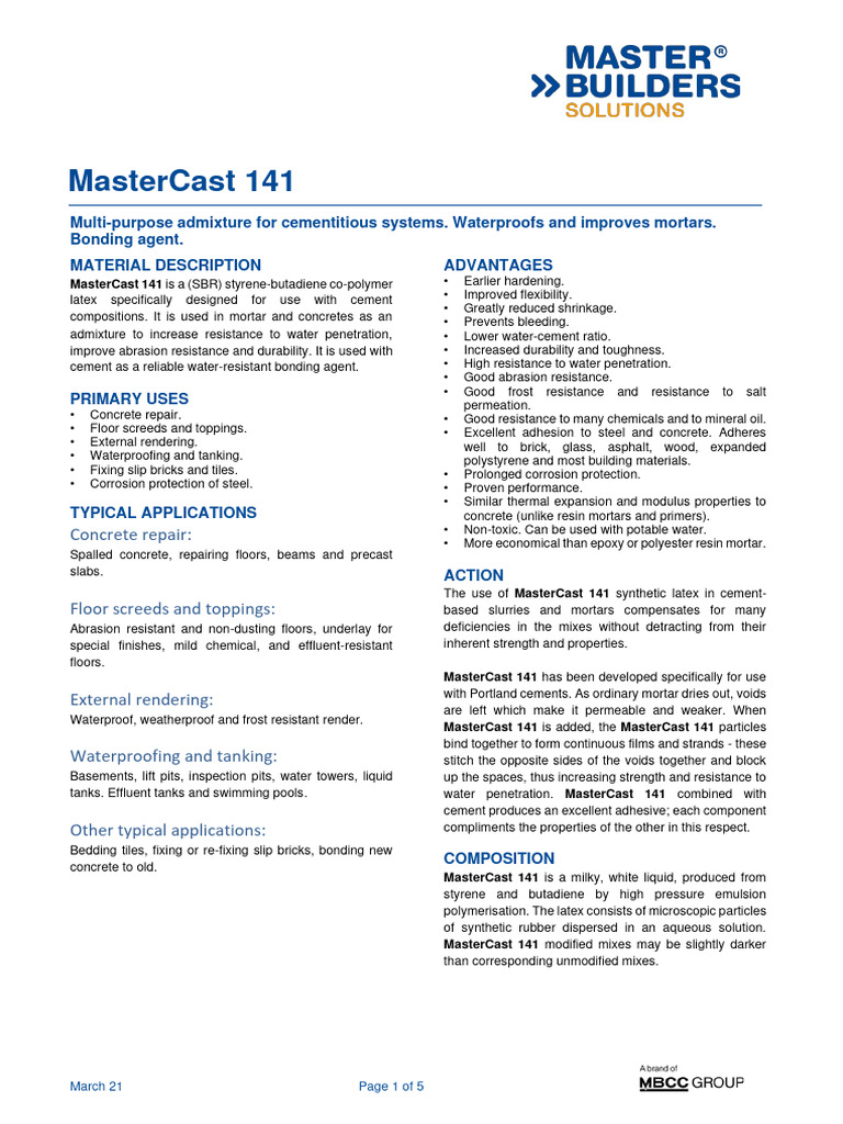 Mastercast 141 Tds | Download Free PDF | Concrete | Cement