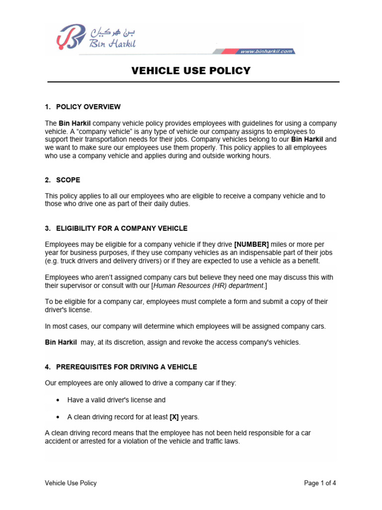 Company Vehicle Use Policy Guide | PDF | Employment | Driving