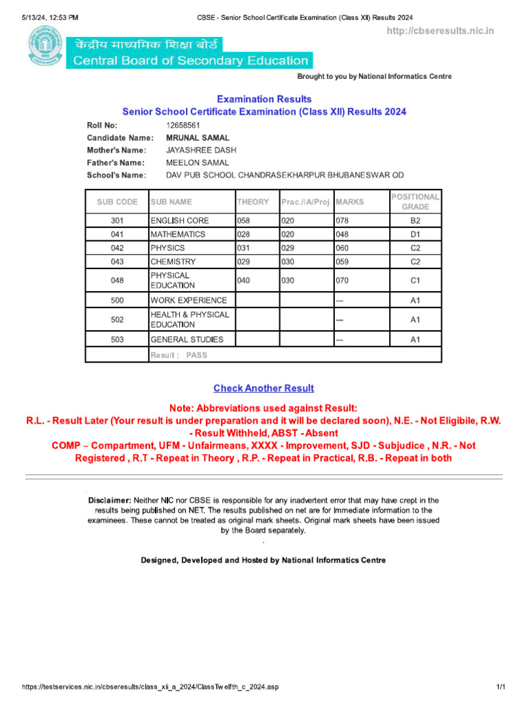 Cbse Score Card | PDF