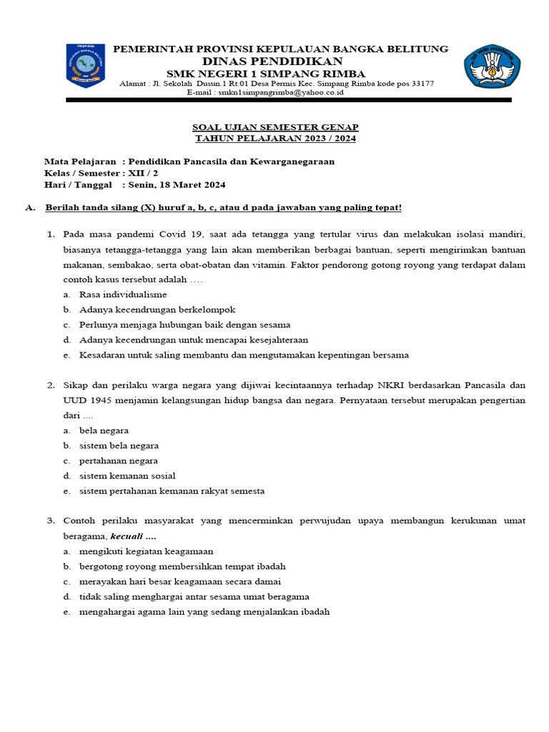 Soal Us PKN Xii 2024 | PDF