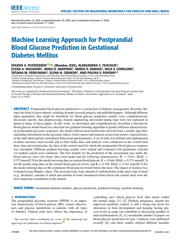 Machine Learning Approach For Postprandial Blood Glucose Prediction ...