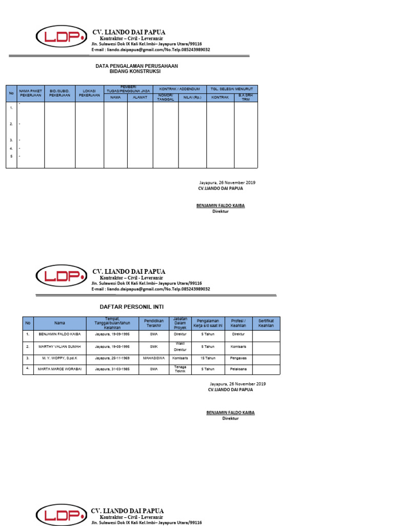 Daftar Personil Inti, Data Pengalaman, Data Peralatan CV Liando Dai Papua 2019 | PDF