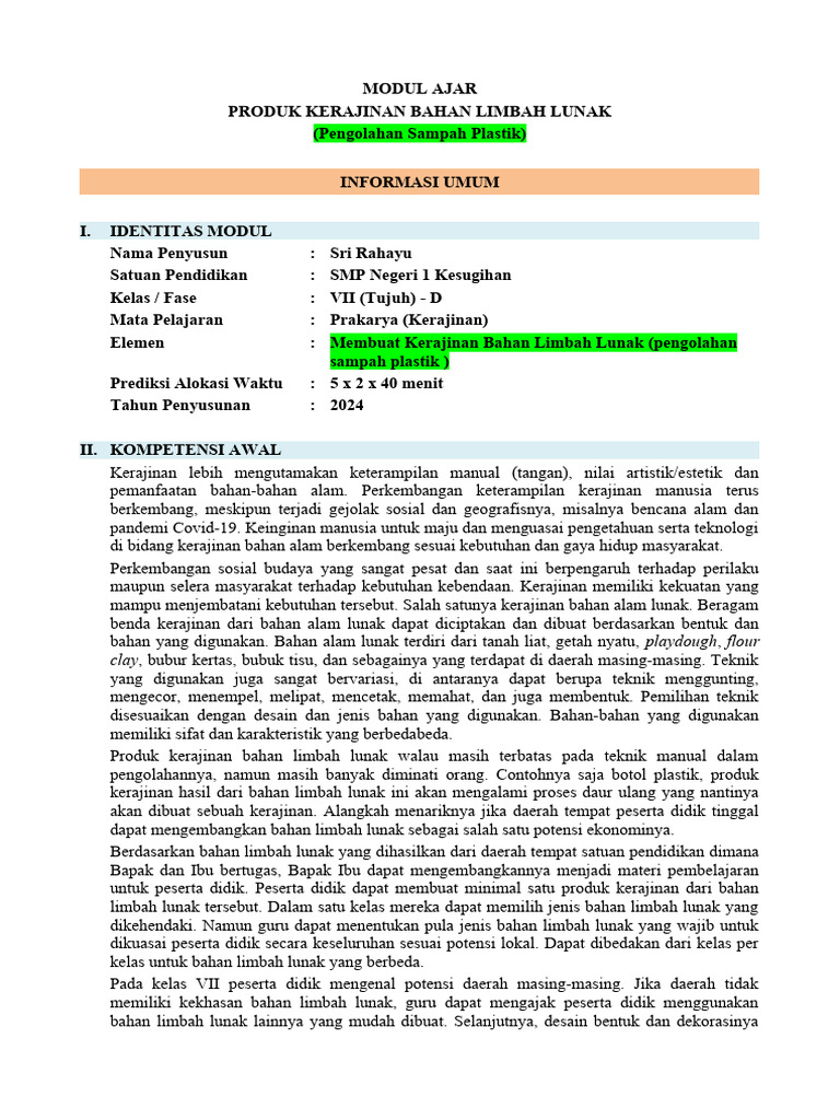 Modul Prakarya - Kerajinan - Limbah Lunak Adiwiyata | PDF