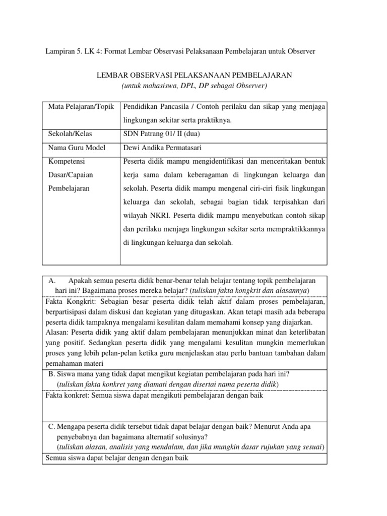 Siklus 3 Lampiran 5. LK 4 Format Lembar Observasi Pelaksanaan Pembelajaran Untuk Observer | PDF ...