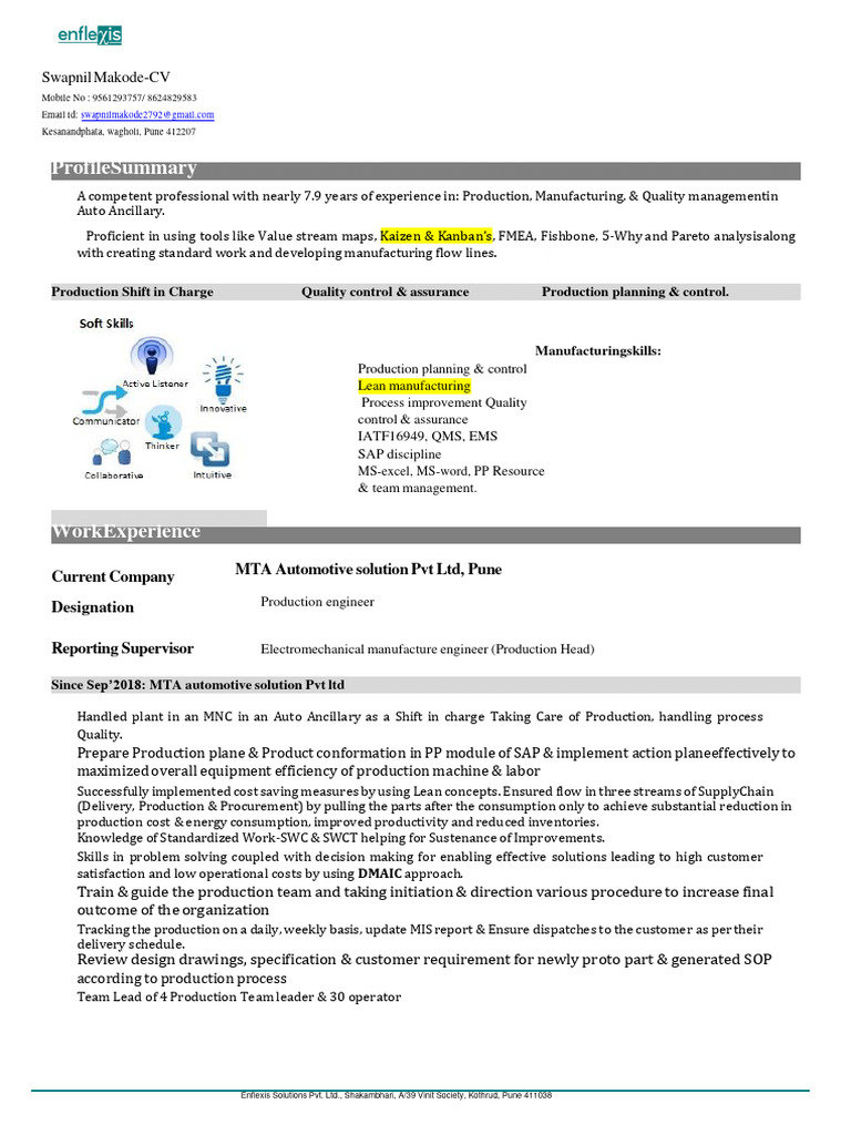 Enflexis Solutions - Swapnil Makode - Senior Consultant | PDF | Lean Manufacturing | Business