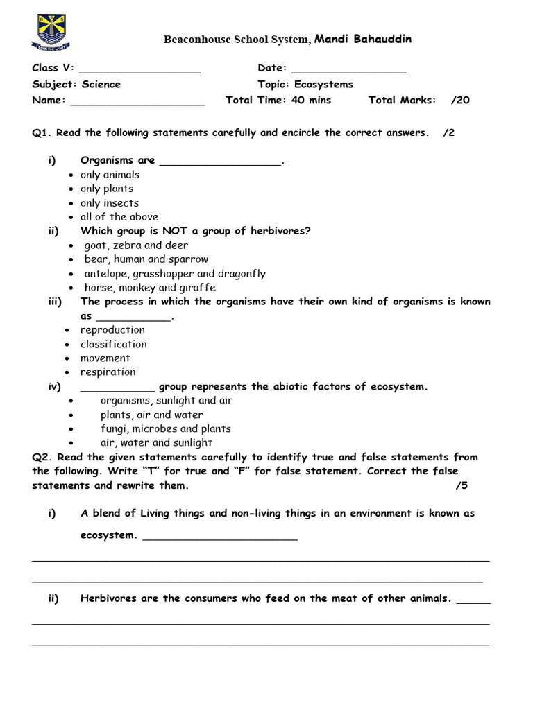 Ecosystems Science Worksheet for Class V | PDF | Ecosystem | Food Web