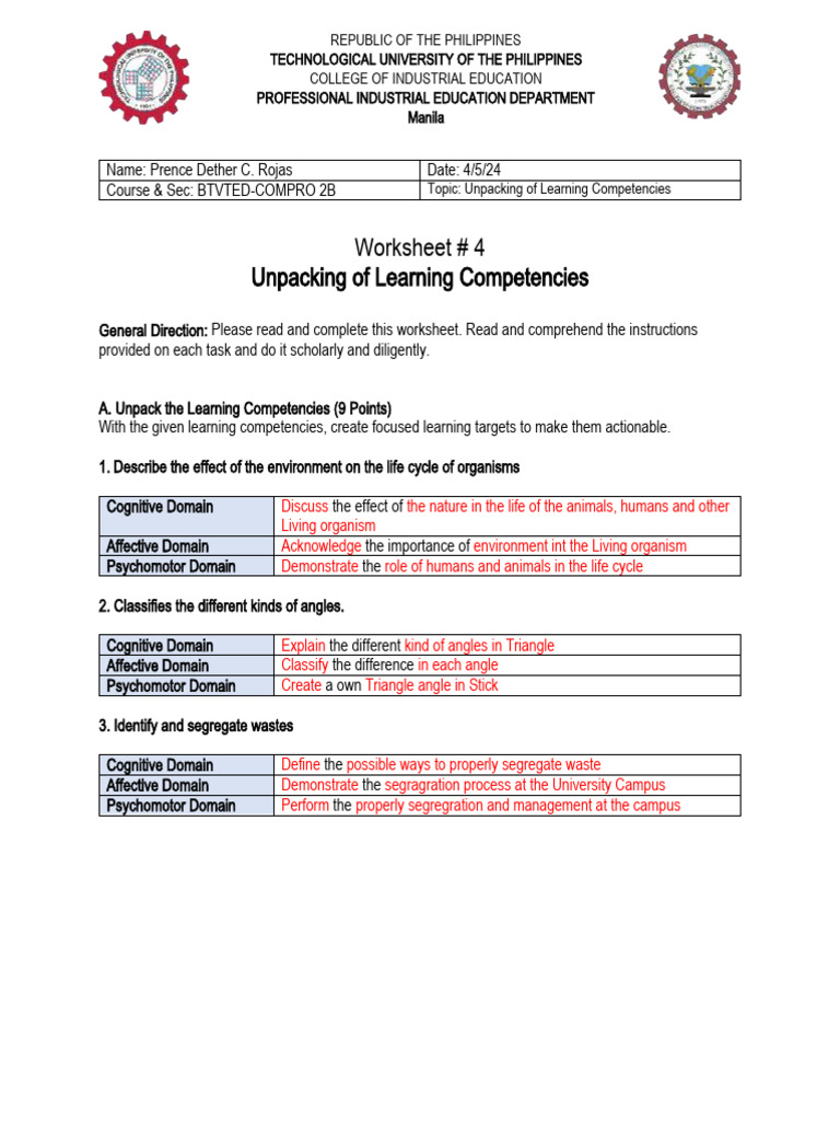 WORKSHEET 4 - Unpacking of Learning Competencies ROJAS | PDF | Learning | Cognition