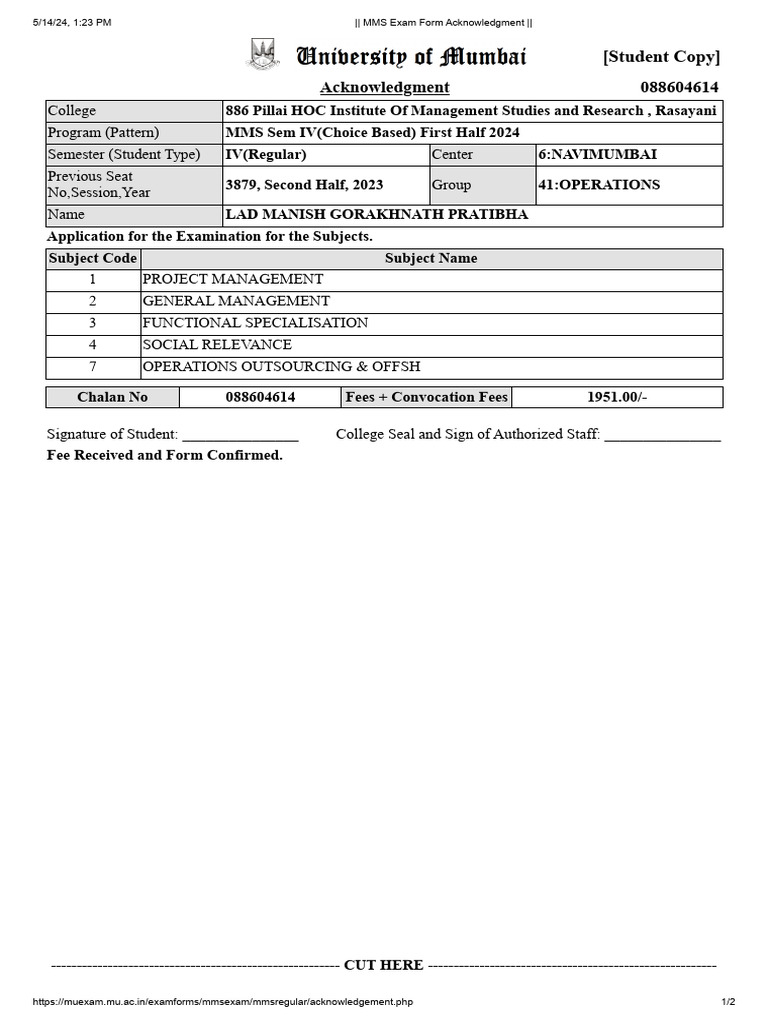 Manish Lad__ MMS Exam Form Acknowledgment __ | PDF | Educational Stages | Qualifications