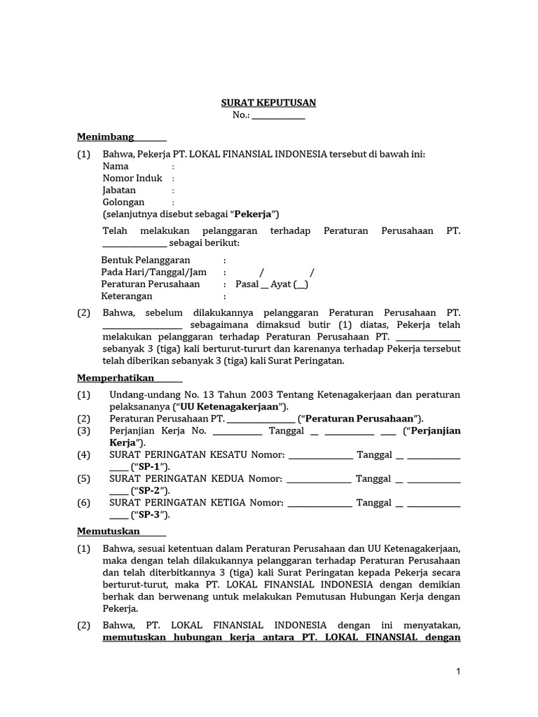 Draf Surat Keputusan Pemutusan Hubungan Kerja (PHK) | PDF | Bisnis ...
