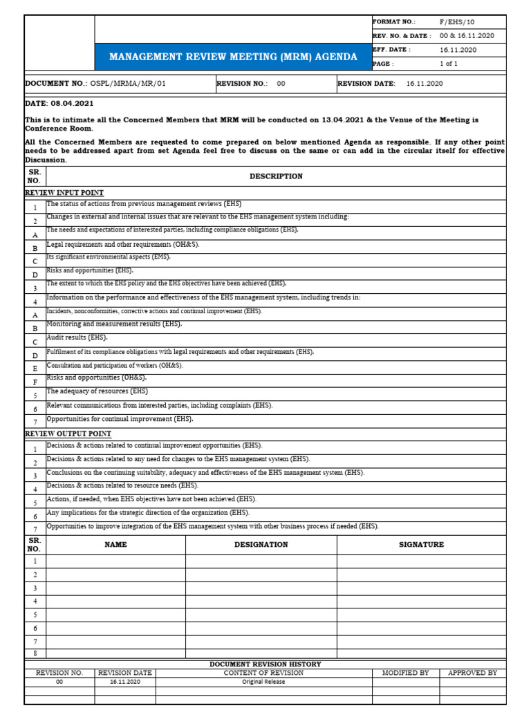 MRM Agenda for EHS Management Review | PDF | Audit | Internal Audit