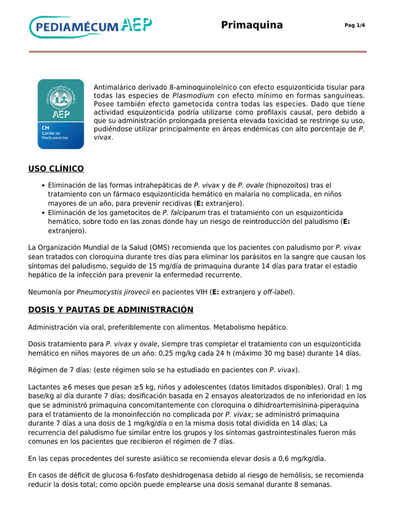Primaquina 2021 | Descargar gratis PDF | Malaria | Especialidades Medicas