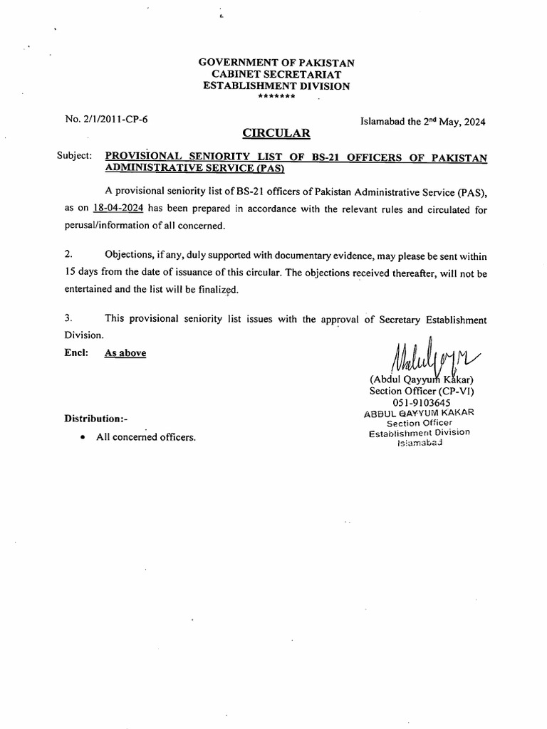 Provisional Seniority List of PAS BS-21 | PDF | Pakistan
